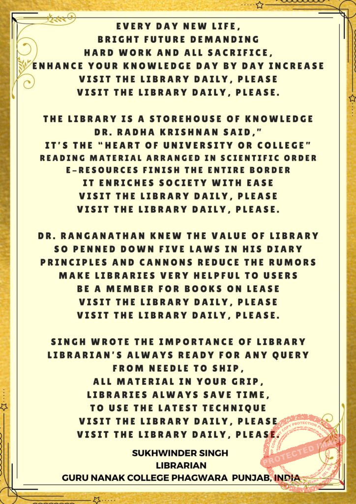 Library Poem by Sukhwinder Singh Librarian GN College Punjab 1 ...